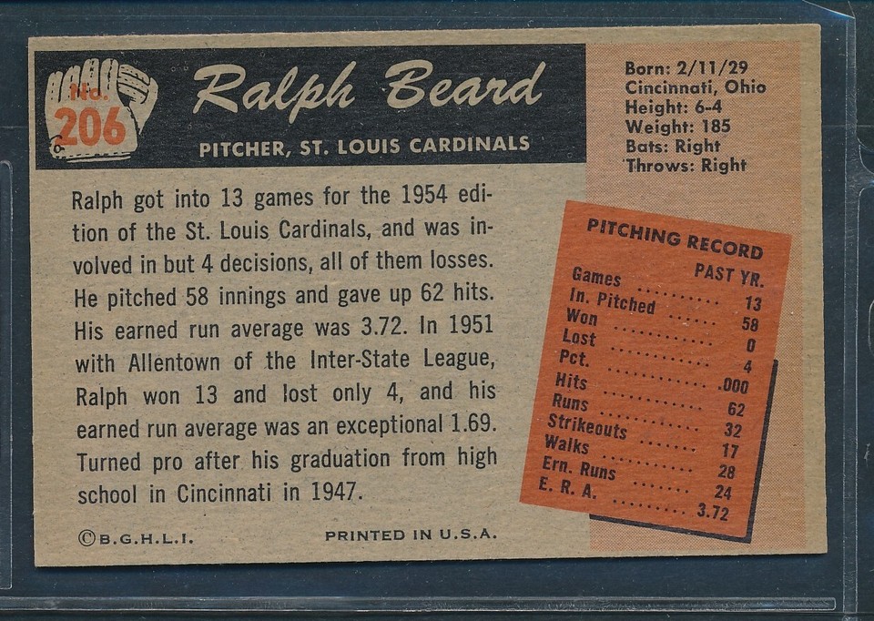 1955 Bowman Set-Break #206: RALPH BEARD "St. Louis Cardinals" ~ NM | eBay