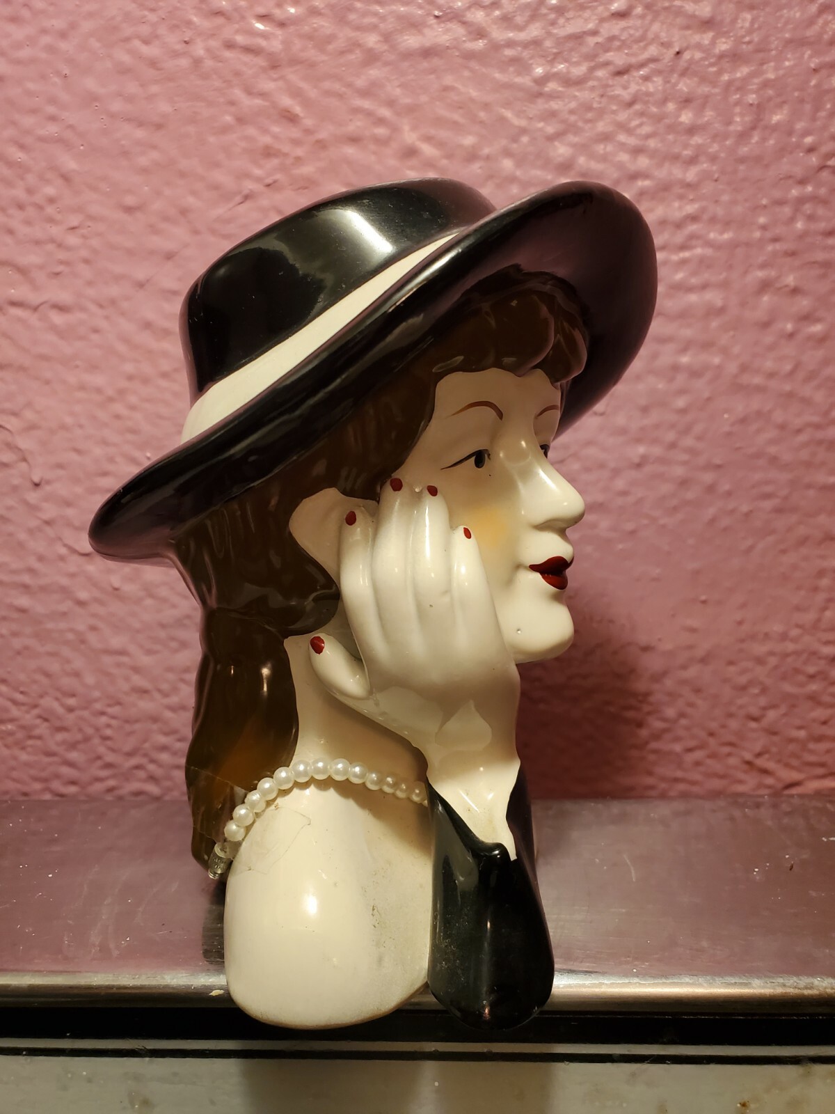 Vintage Porcelain Lady Head Figurine, 6" x 4.5" with Hat - Hand Resting ...