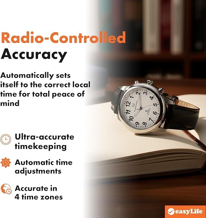 T&J Mens Radio Controlled Atomic Talking Speaking Watch Black Leather ...