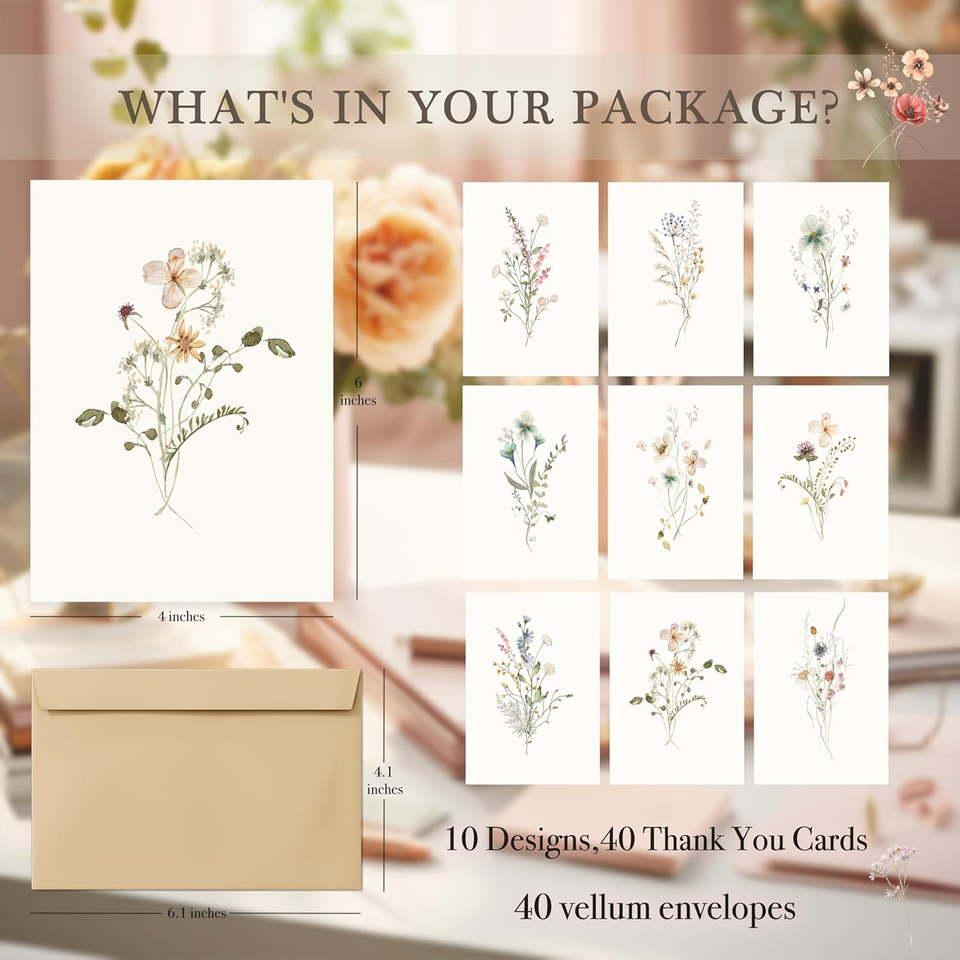 Blank Cards,Blank Greeting Cards 4X6,40Pack -Elegant Floral Design ...