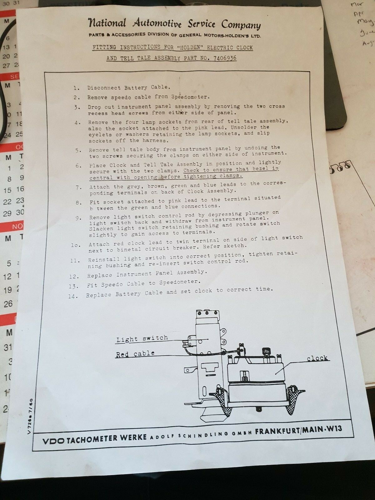 Holden EH CLOCK FITTING INSTRUCTIONS FB EK EJ NASCO CLOCK VDO PREMIER ...