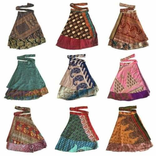 5 PCs Lot Vintage Sari Silk 2 Layer Magic Wrap Around Mini Skirts ...