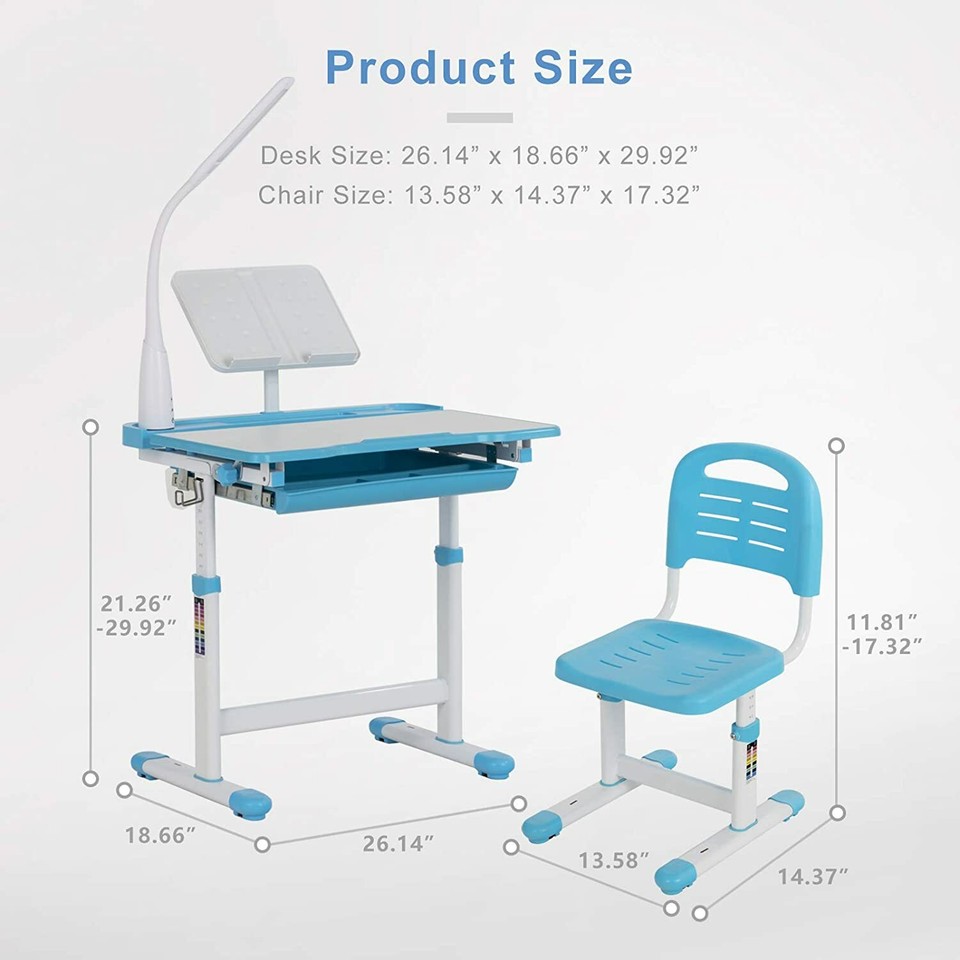 Height Adjustable Children Study Table and Chair Set w/Lamp and Pull ...