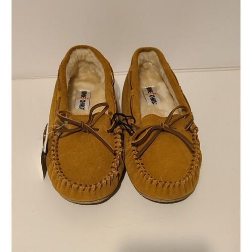WOMEN'S MINNETONKA LEATHER SUEDE SLIPPERS MOCS FAUX SHEARLING LINING ...