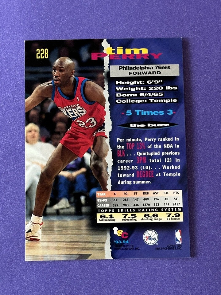 1995-96 Topps Stadium Club Tim Perry #228 Philadelphia 76ers (Q) | eBay