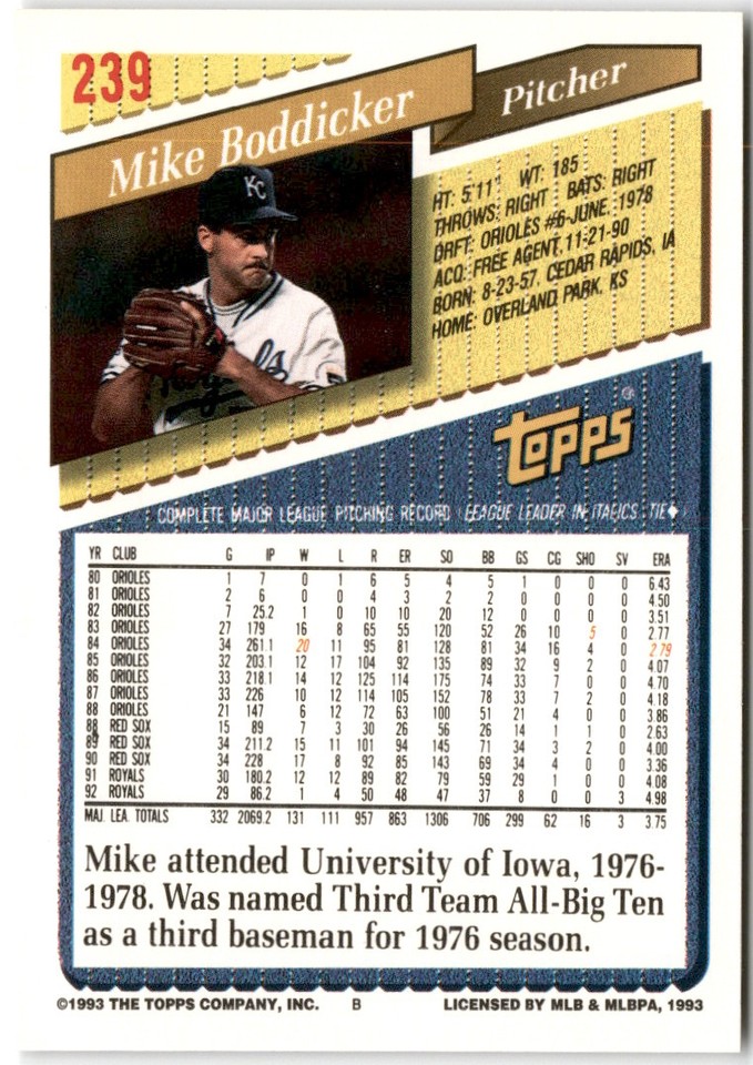 1993 Topps #239 Mike Boddicker Gold Kansas City Royals | eBay