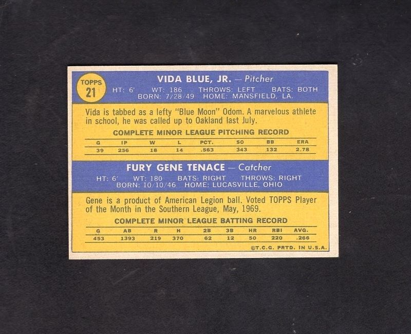 1970 Topps # 21 ROOKIE VIDA BLUE EX/MT condition w/ print marks Oakland ...