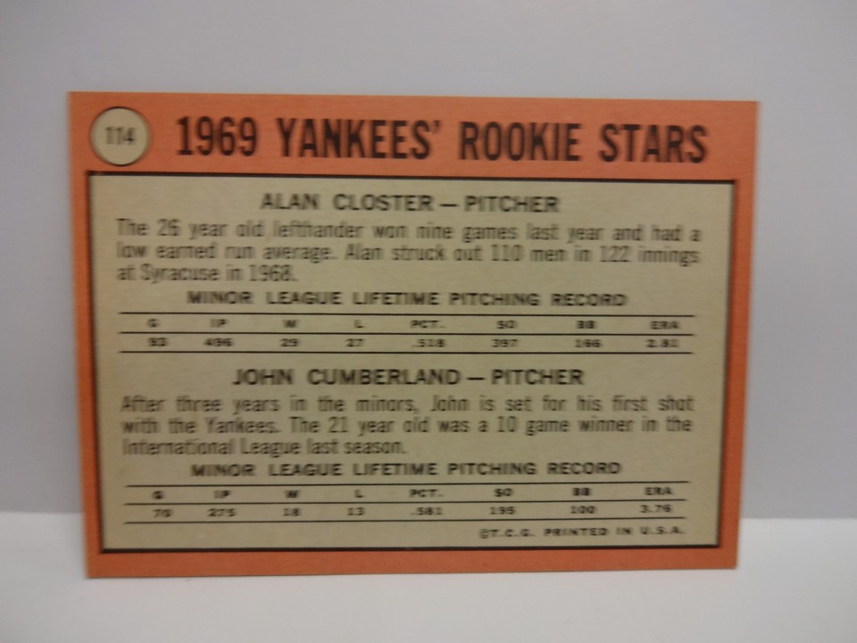 1969 Topps Baseball Rookie Stars Closter Cumberland New York Yankees ...