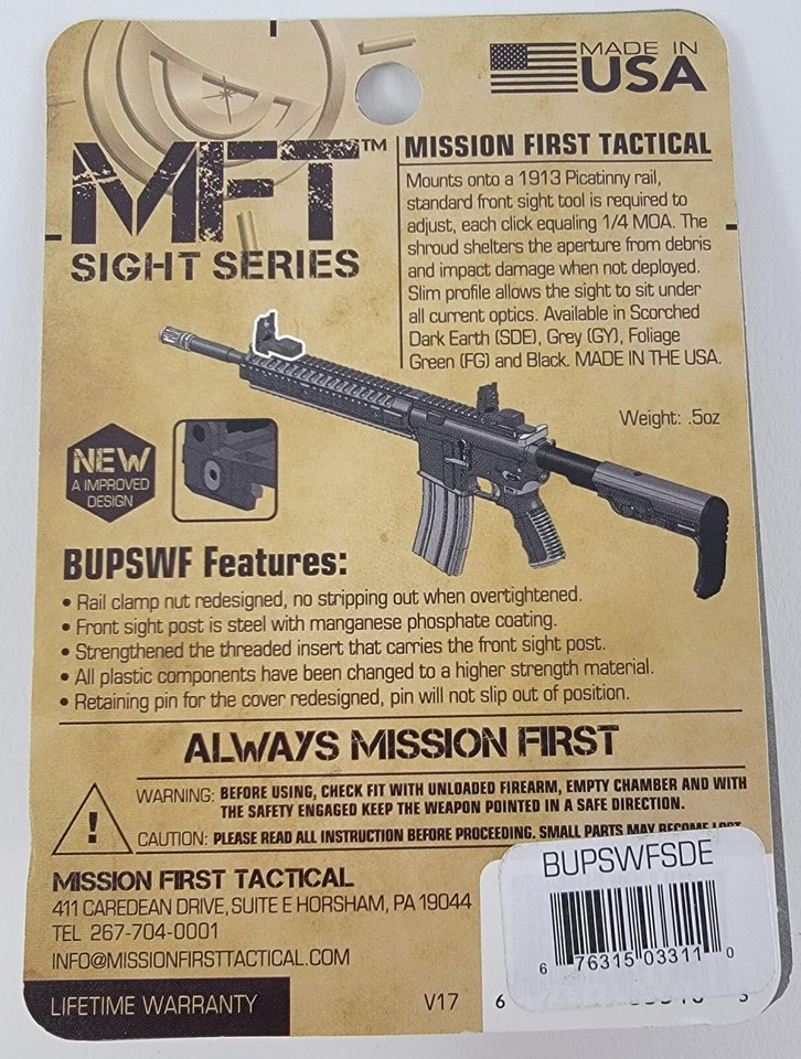 MFT Sight Series BUPSWF Front Back Up Sight Low Starting Bid! Free Ship ...