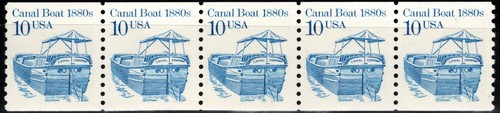USA 1987 10¢ CANAL BOAT 1880s TRANSPORTATION SERIES STRIP OF 5 STAMP SC ...