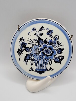 1961 Delft Holland De Defltse Pauw Blue/White Flower Basket Disk Trivet ...