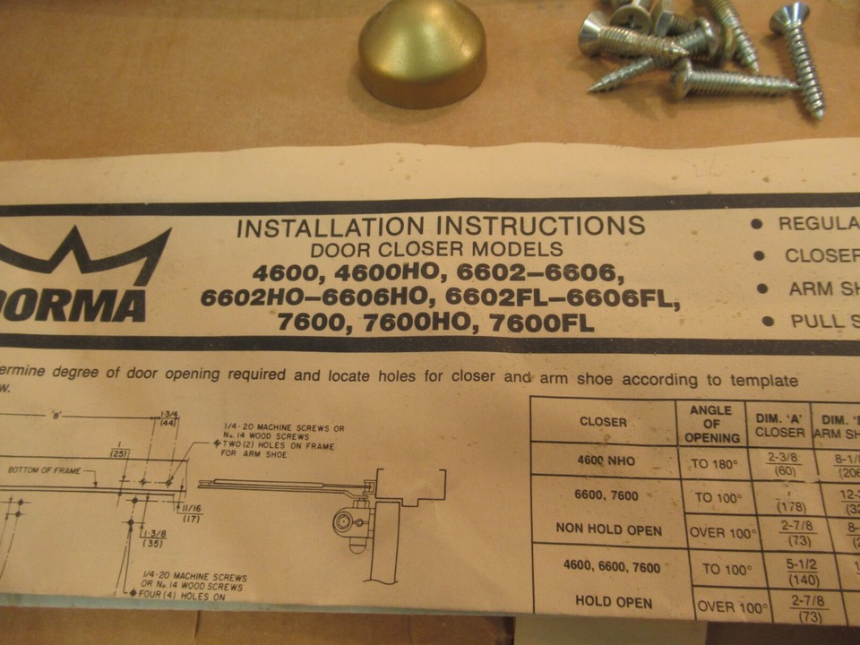 Dorma Door Closer Brass Finish Model 7600 PA Made in USA New Old Stock ...