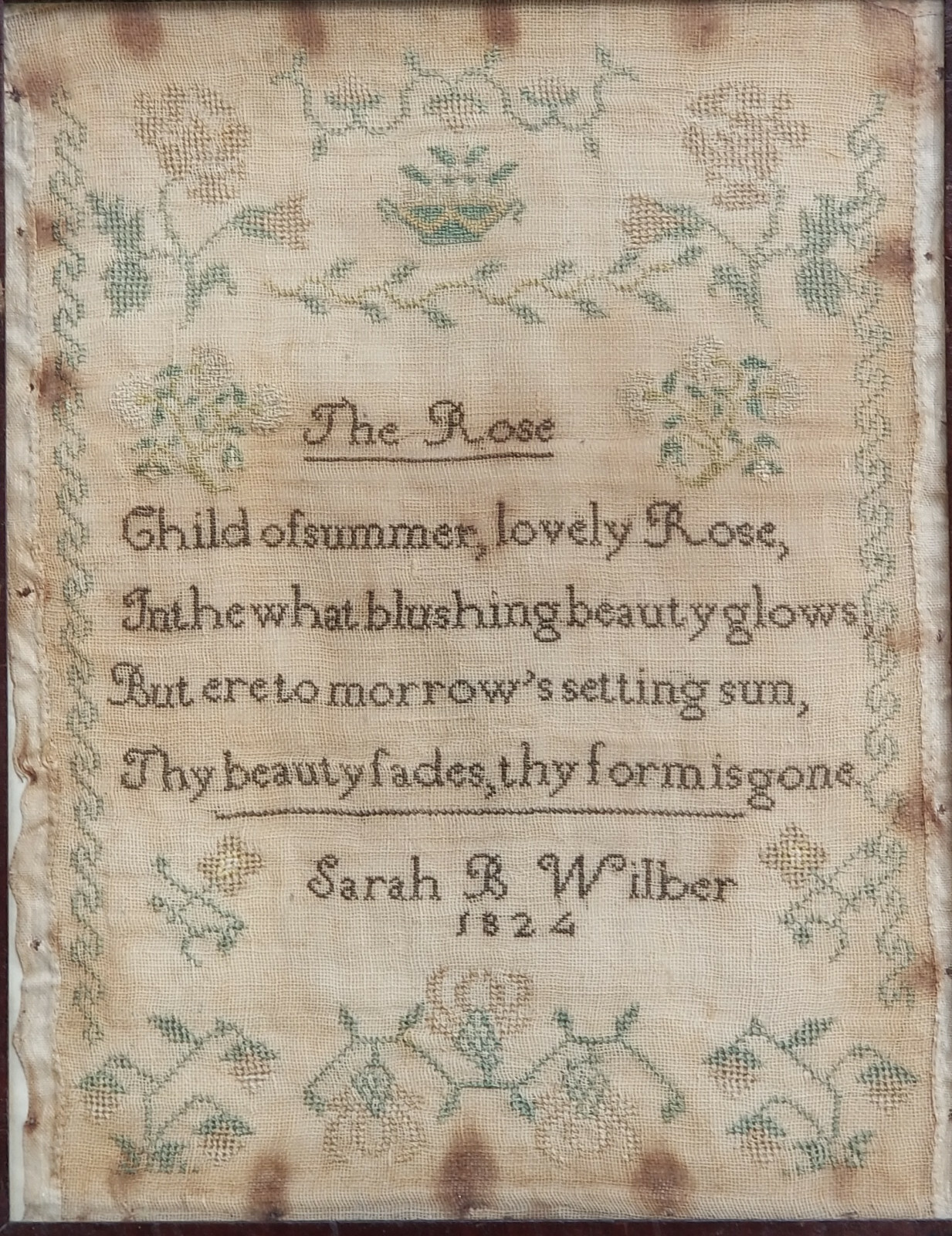 ANTIQUE SCHOOL TEACHER 1824 SARAH WILBER EMBROIDERY NEEDLEWORK SAMPLER ...