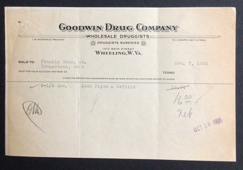 1935 Wheeling WV Billhead Goodwin Drug Company wholesale druggists #b11 ...