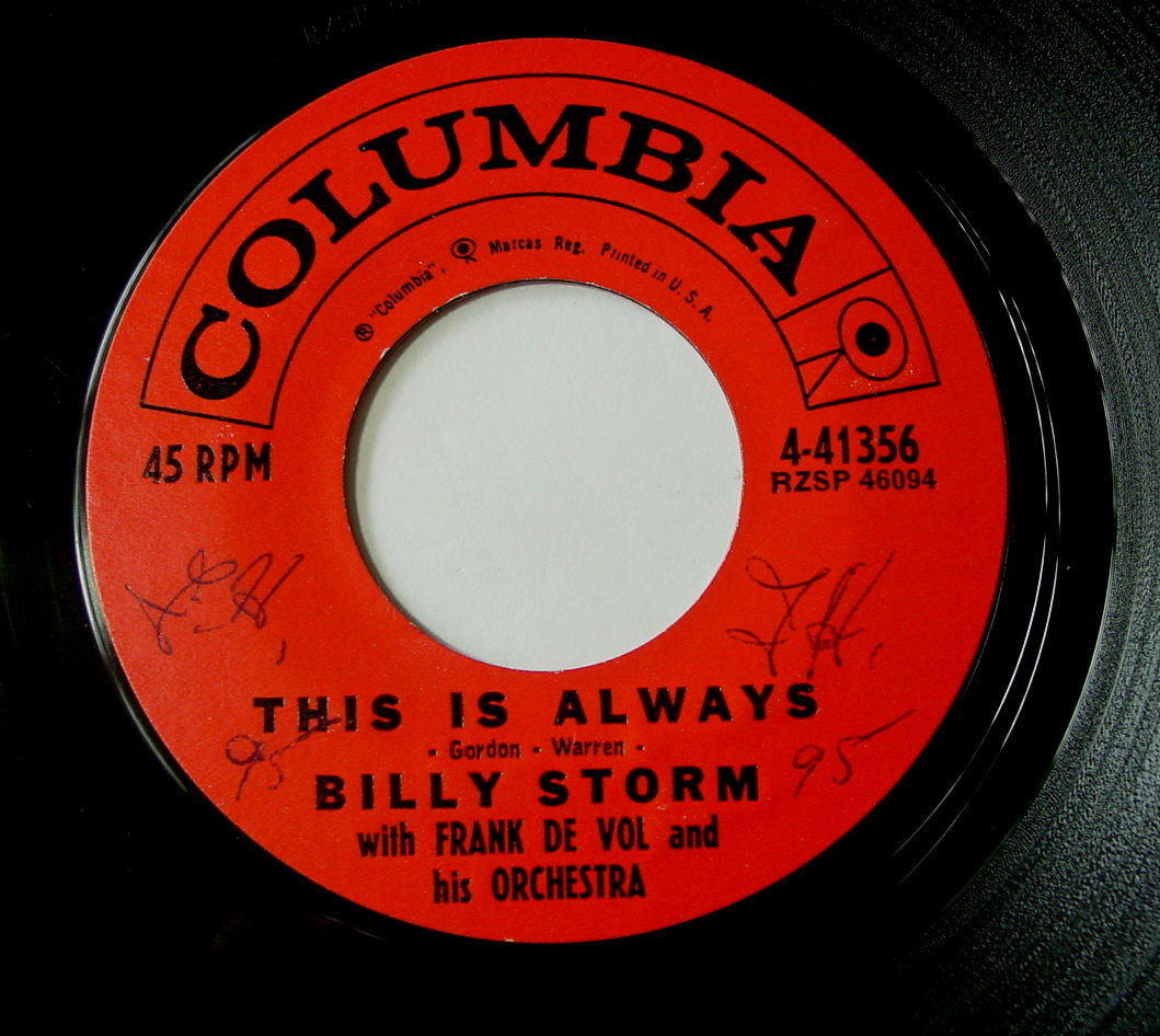 45 RPM BILLY STORM This Is Always b/w I've Come Of Age COLUMBIA 1959 ...