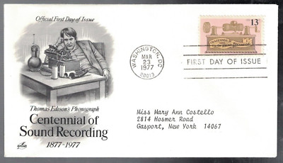 VINTAGE 1977 FDC 1877-1977 CENTENNIAL OF SOUND RECORDING ART CRAFT ...