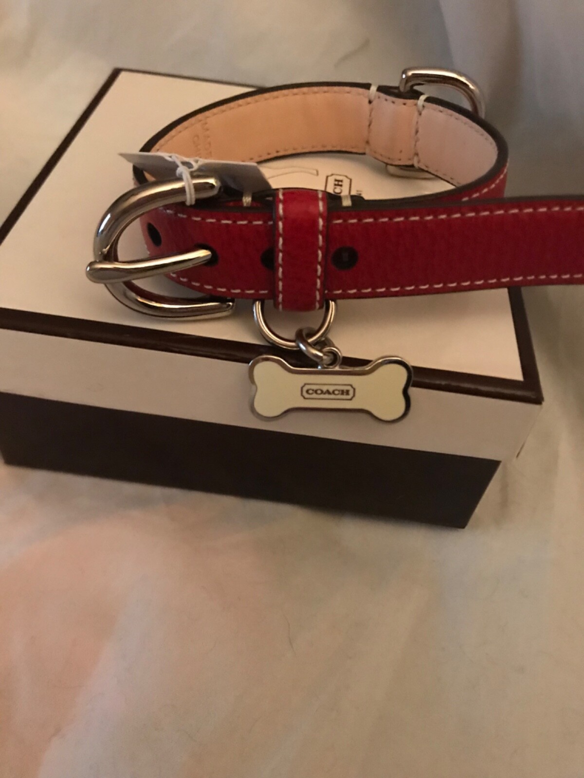 Brand New w/Tags Coach Dog Collar Red/Silver w/Bone Charm Size XS Below ...
