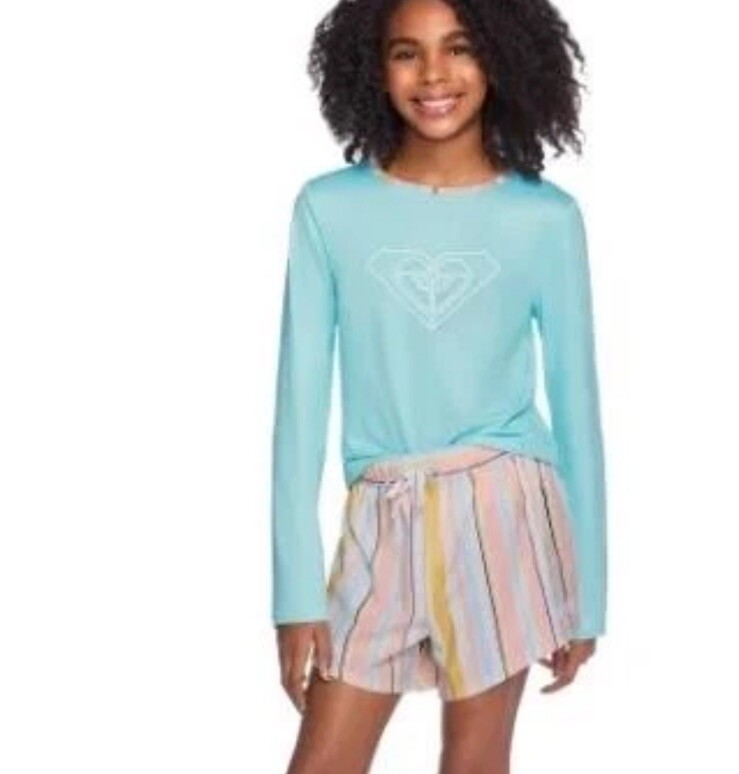 NWT Roxy 3 Pc Swimsuit LS Rash Guard Top Bikini Shorts Blue Peach Girls ...