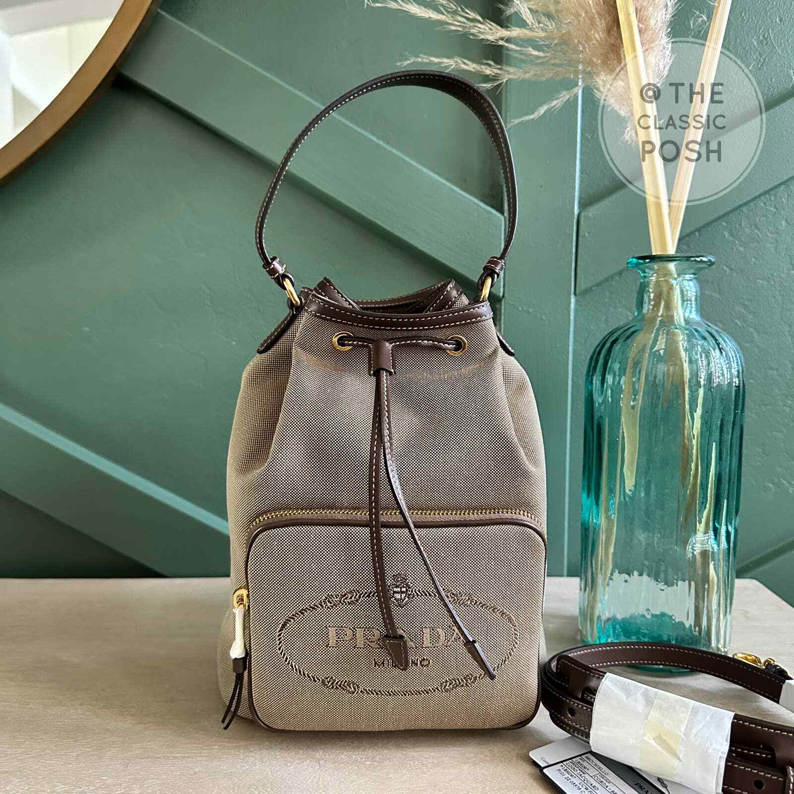 NEW Prada Jacquard Logo Bucket Brown Canvas Tote Smal… - Gem
