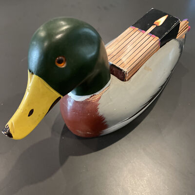 RARE Vintage Carved Wood Duck Match Stick Holder Hand Painted w Striker ...