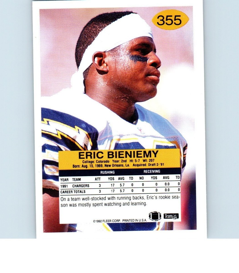 Eric Bieniemy 355 Charger 1992 Fleer NFL Football Trading Card | eBay
