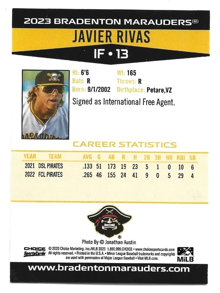 Javier Rivas ROOKIE 2023 Choice Bradenton Marauders #13 Pittsburgh ...