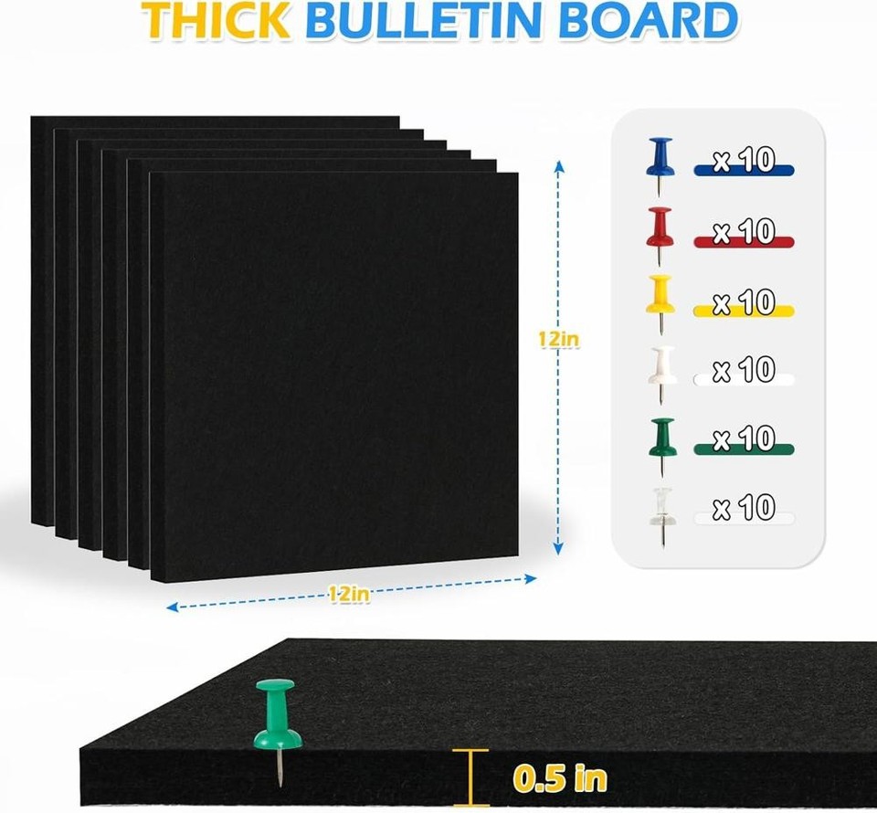 Self Adhesive Felt Board for Walls, 6 Pack Felt Bulletin Board with 60 ...