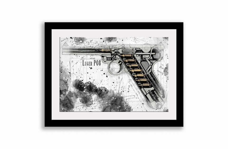 Line Tech Drawing Luger P08 Gun Mock Retro Art Poster Print | eBay UK