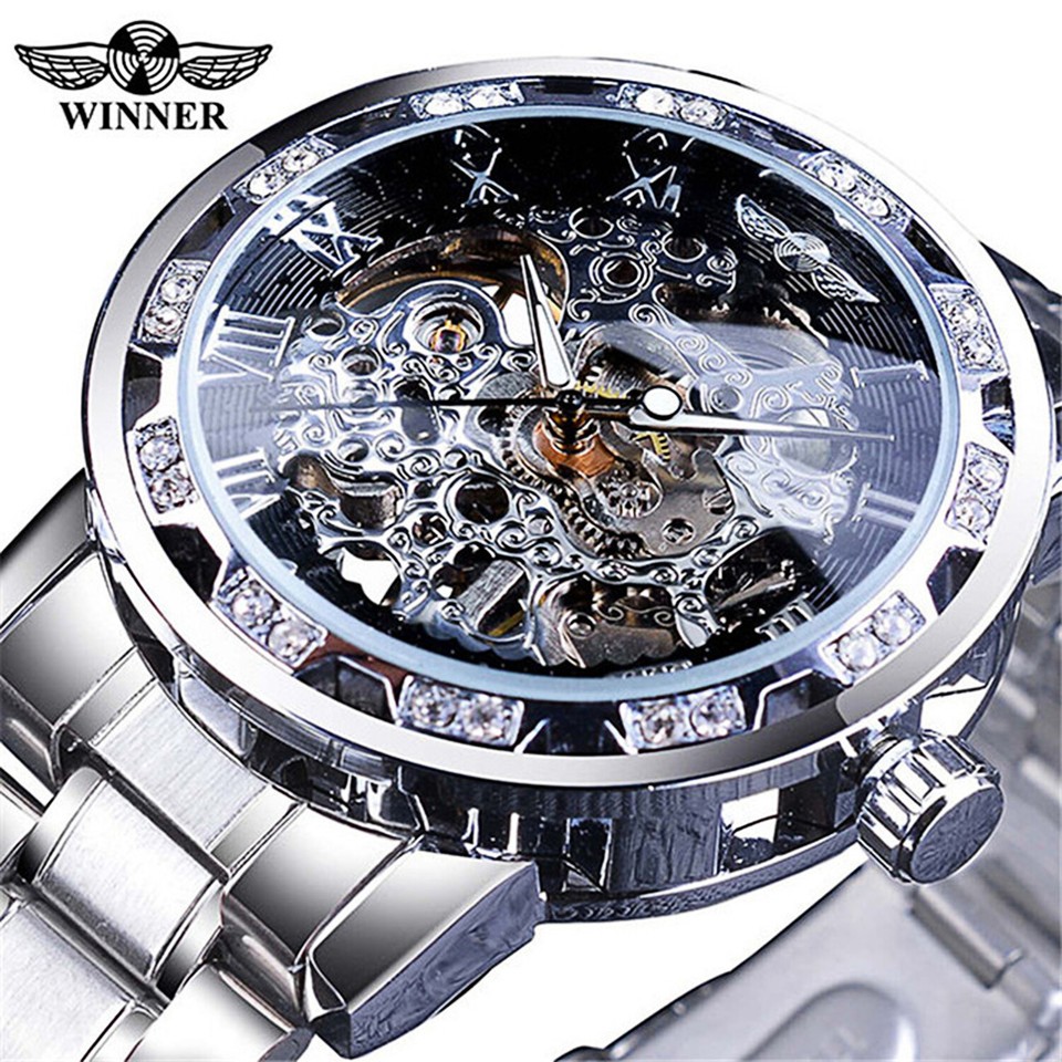 T-WINNER MEN'S STAINLESS STEEL VINTAGE DIAMOND HOLLOW SKELETON ...