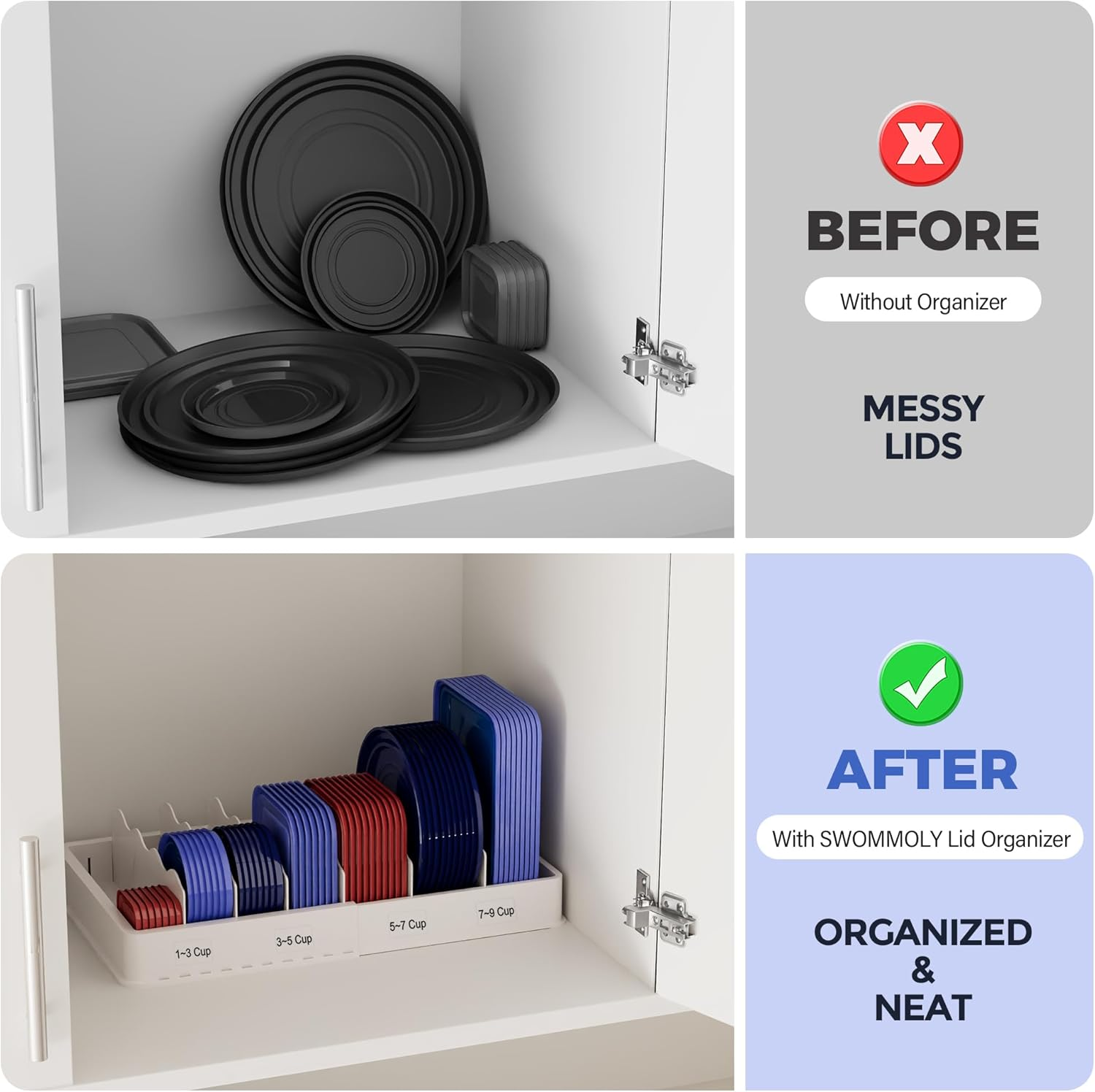 SWOMMOLY Expandable Food Storage Container Lid Organizer, Includes 6 ...