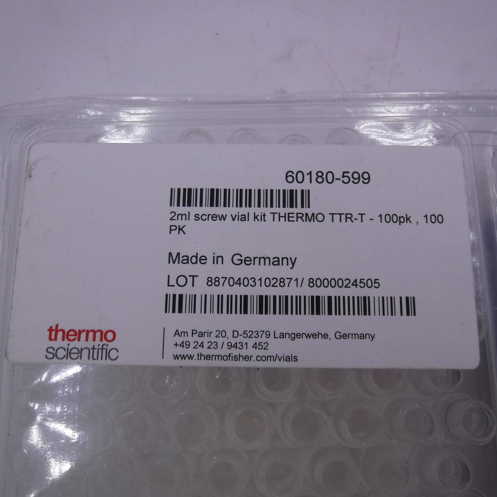 100 Pack Thermo Scientific 60180-599 2ML Screw Vial 8mm CAP SIL/PTFE ...