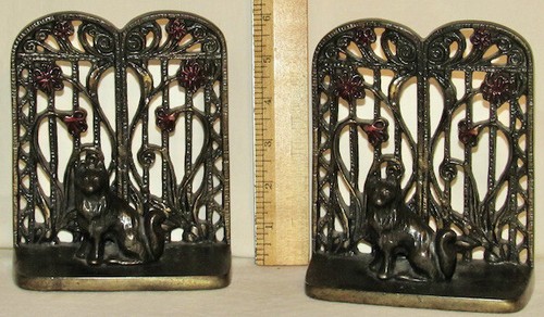 VERY RARE ANTIQUE 1930 ORNATE CAST METAL BOOKENDS - COLLIE DOG at ART ...
