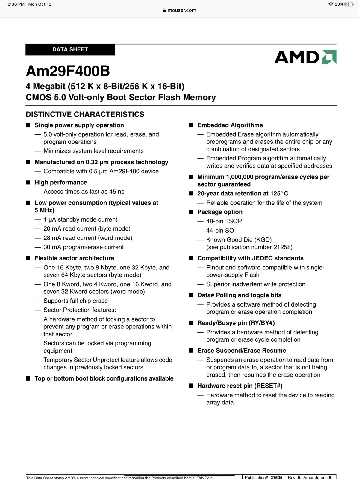 5x AM29F400BB- 90Ei 4 Megabit x 16-Bit) CMOS 5.0 Volt Boot Sector Flash ...