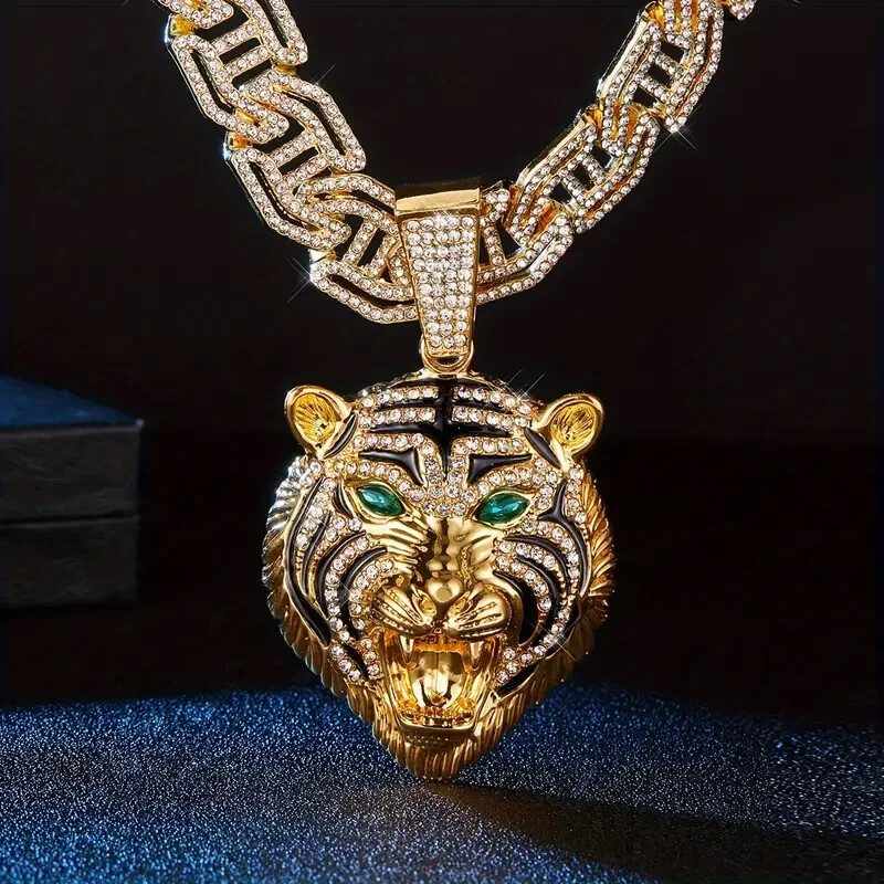 Beautiful Iced-Out Tiger Head 24 " Pendant Necklace Golden Cuban Link ...