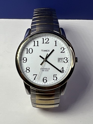 Timex Indiglo WR30M Silver Gold Tone Stretch Wristwatch White Dial ...