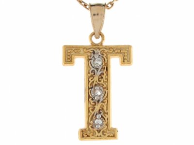 10k or 14k Yellow Gold Diamond Accent Letter T Unisex Initial Charm ...