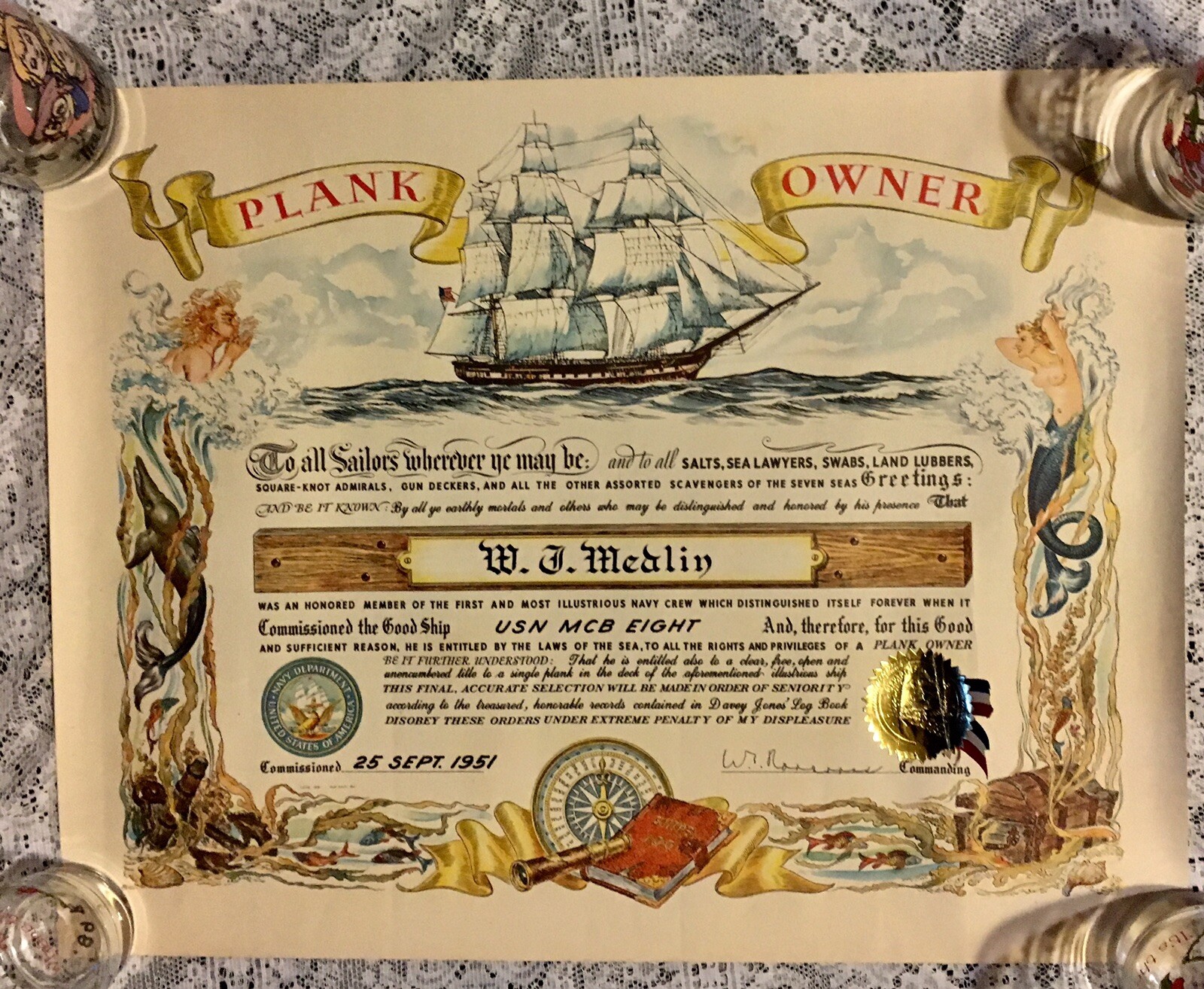 NAVY 1951 PLANK OWNER NAME & SIGNED BY THE COMMANDING GOOD SHIP USN MCB ...