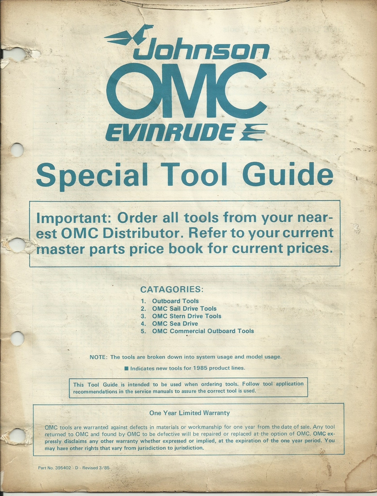 OMC JOHNSON EVINRUDE OUTBOARD MARINE 1985 SPECIAL TOOL GUIDE P/N 395402 ...