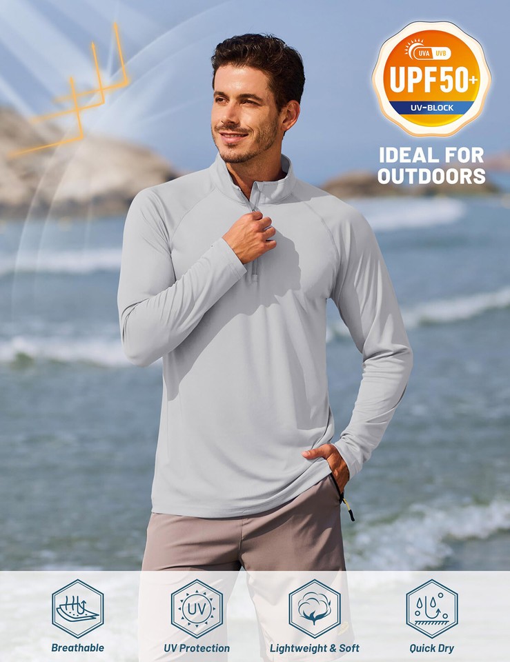 UPF50+ Men's 1/4 Zip Sun Block UV Shirts Long Sleeve Performance ...
