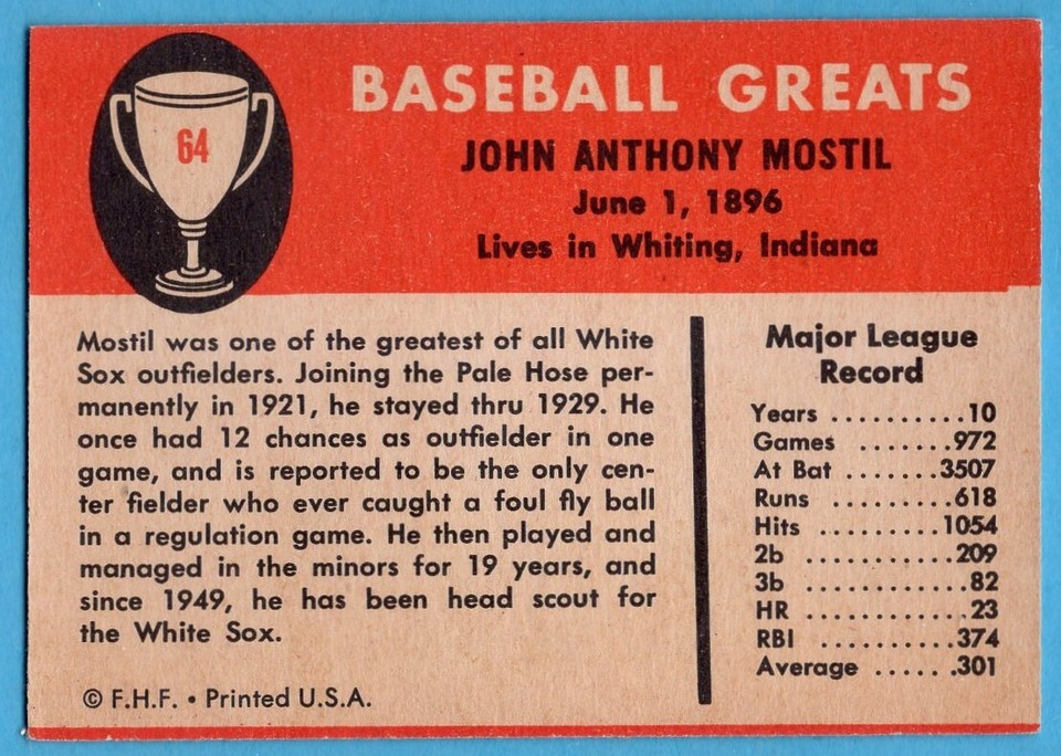 1961 Fleer #64 John Johnny Mostil EX-EXMINT Chicago White Sox | eBay