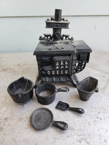 Vintage Primitive Cast Iron Miniature Wood Stove w Accessories | eBay