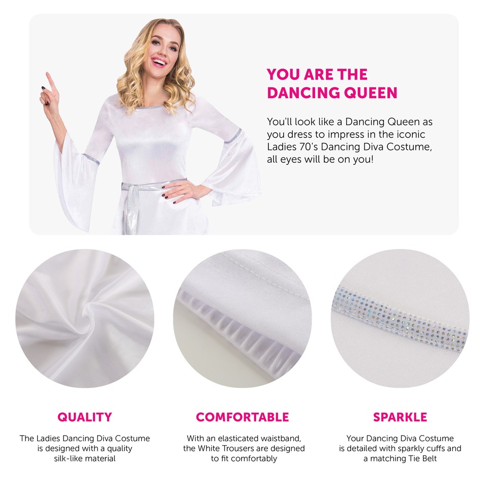 LADIES 1970S DANCING DIVA COSTUME DISCO FANCY DRESS WOMENS OUTFIT QUEEN ...