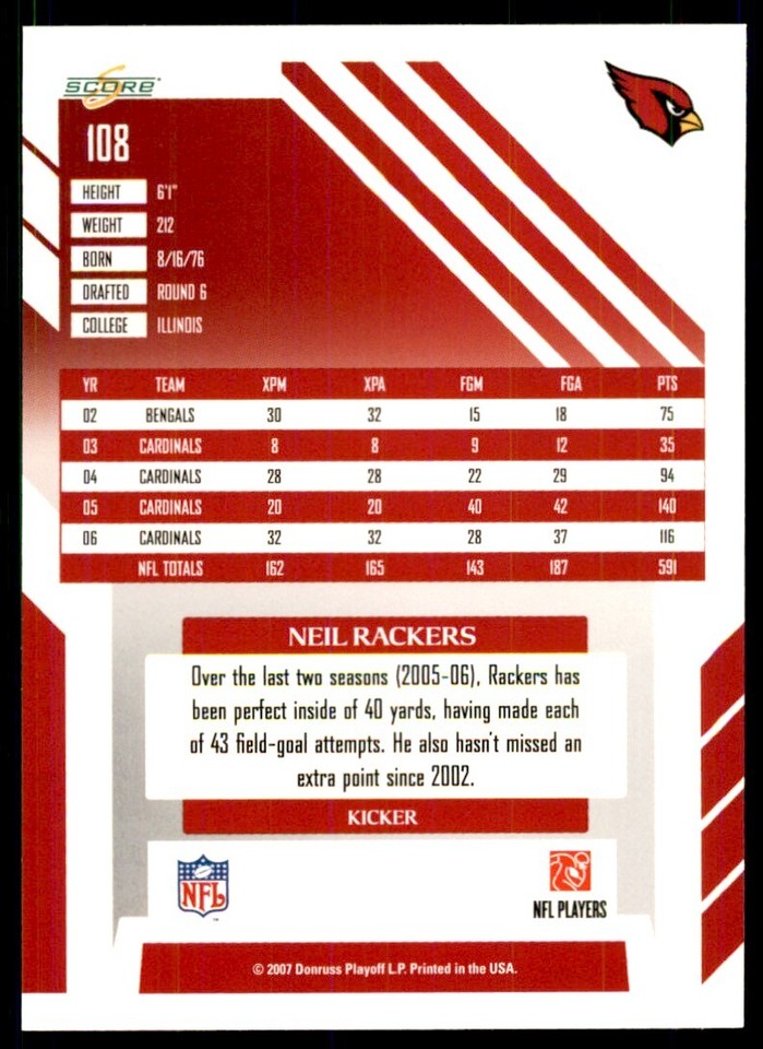 2007 SCORE NEIL RACKERS ARIZONA CARDINALS #108 | eBay