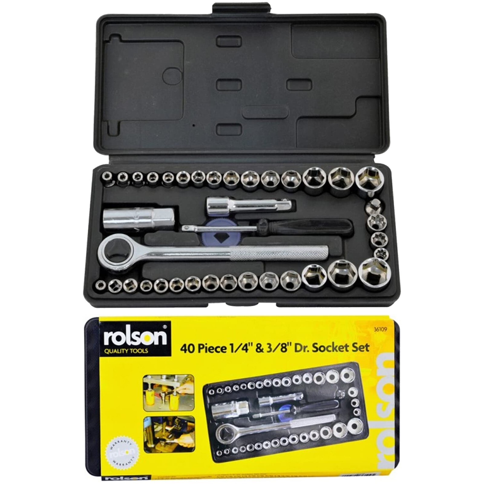 ROLSON 40pc 1/4" & 3/8" Socket Driver Set Metric Imperial Ratchet Bolts Spanner | eBay UK