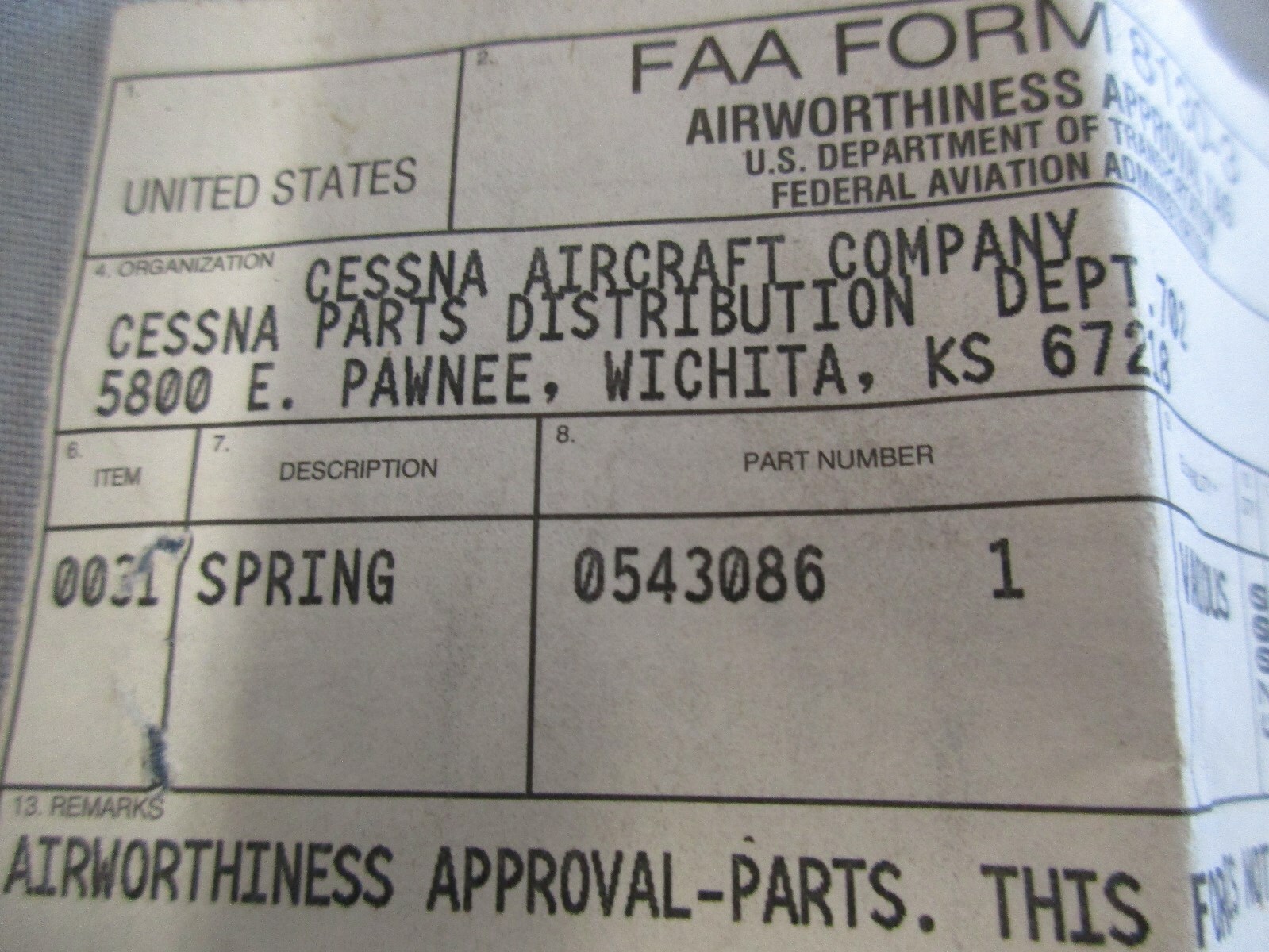 Cessna Aircraft Spring, P/N 0543086-1 (TA) New Surplus | eBay