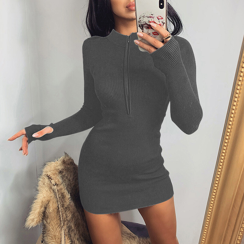 Women Sexy Zip Open Front Knit Bodycon Dress Mini Long Sleeve Sweater ...