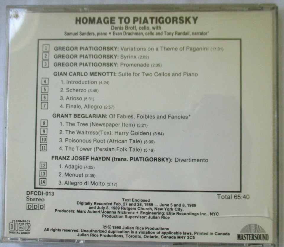 HOMAGE TO PIATIGORSKY CD - DENIS BROTT 23721238927| eBay
