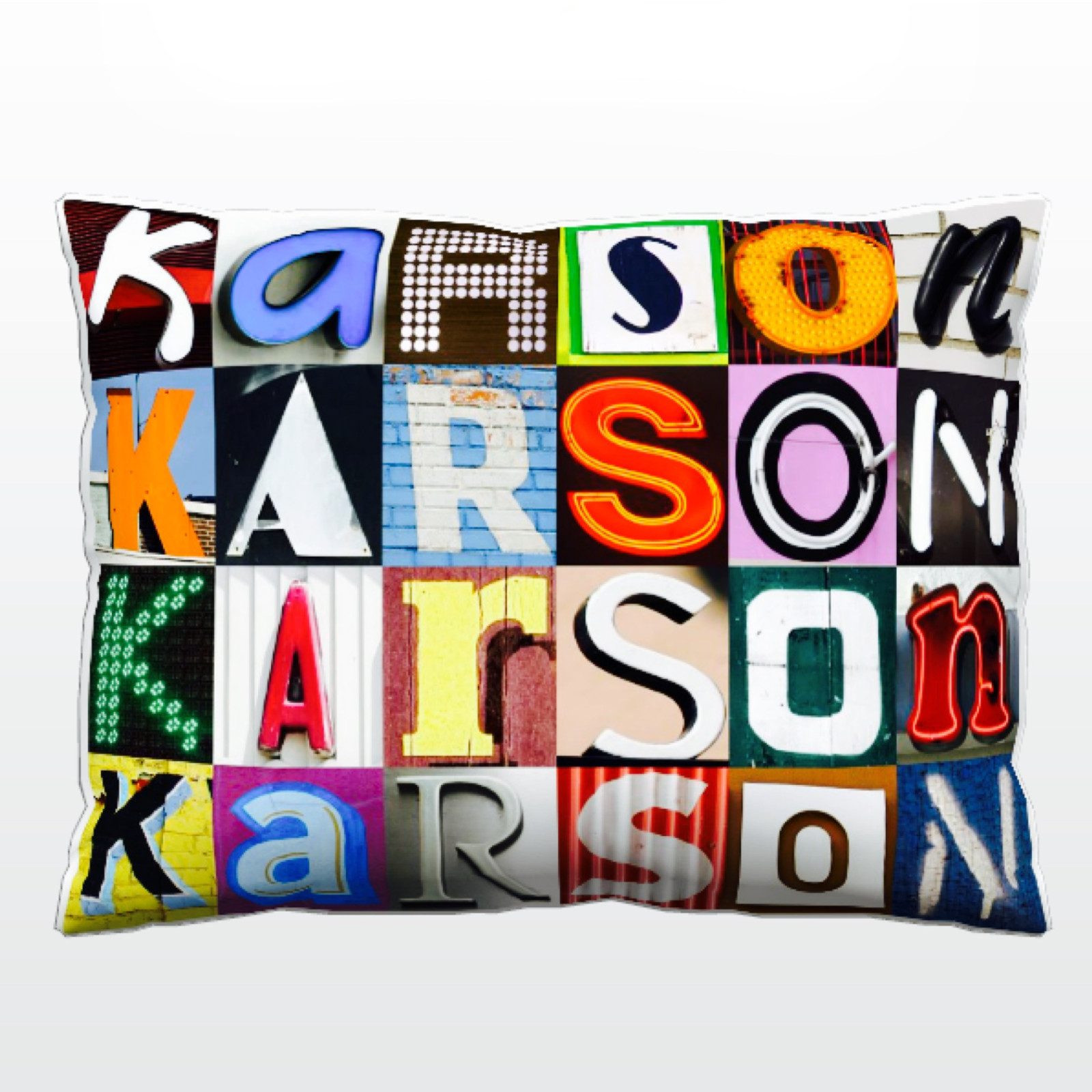 Personalized Pillow featuring the name KARSON in photos of sign letters ...