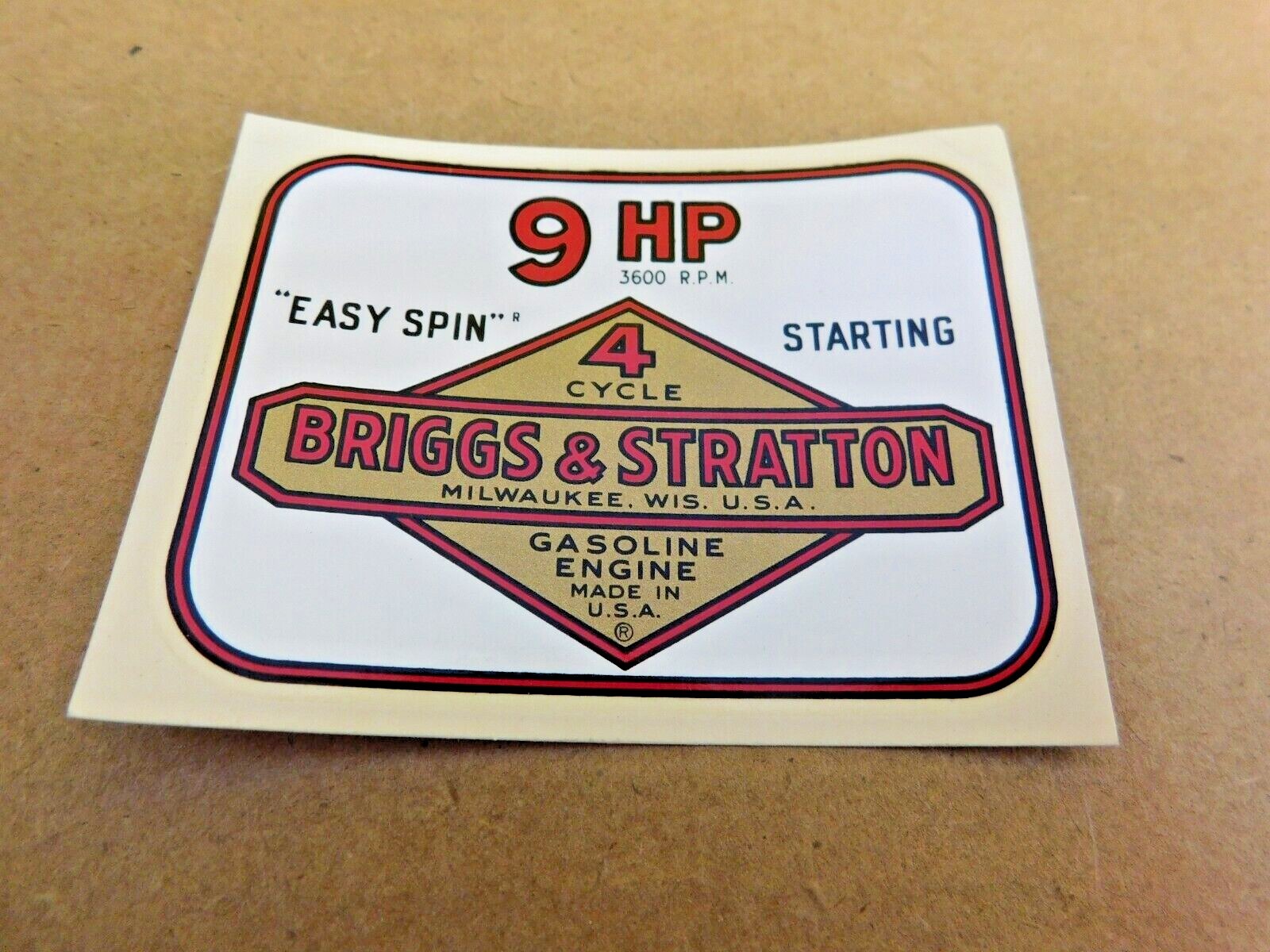 VINTAGE BRIGGS & STRATTON STICKER DECAL 9 HP "EASY SPIN" 4 CYCLE ...