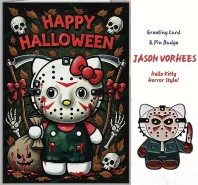 Hello Kitty Jason Friday 13th Card + Pin Badge, Halloween Cute Horror ...